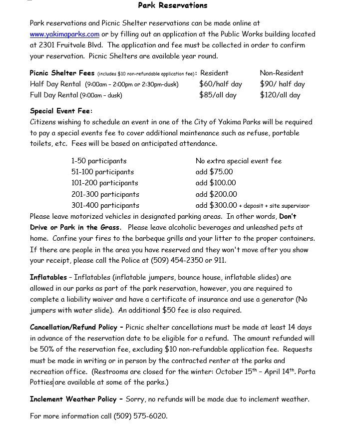 Park Reservation Fees | Yakima Parks and Recreation